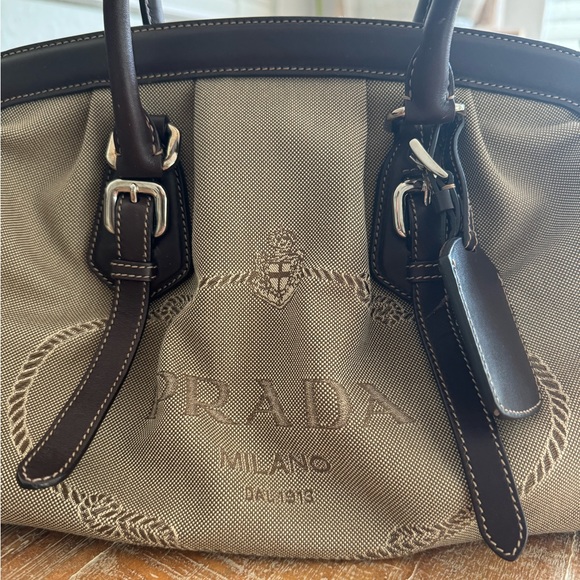 Prada | Bags | Vintage Prada Milano Vintage Top Handle Logo Jacquard Beige Handbag | Poshmark